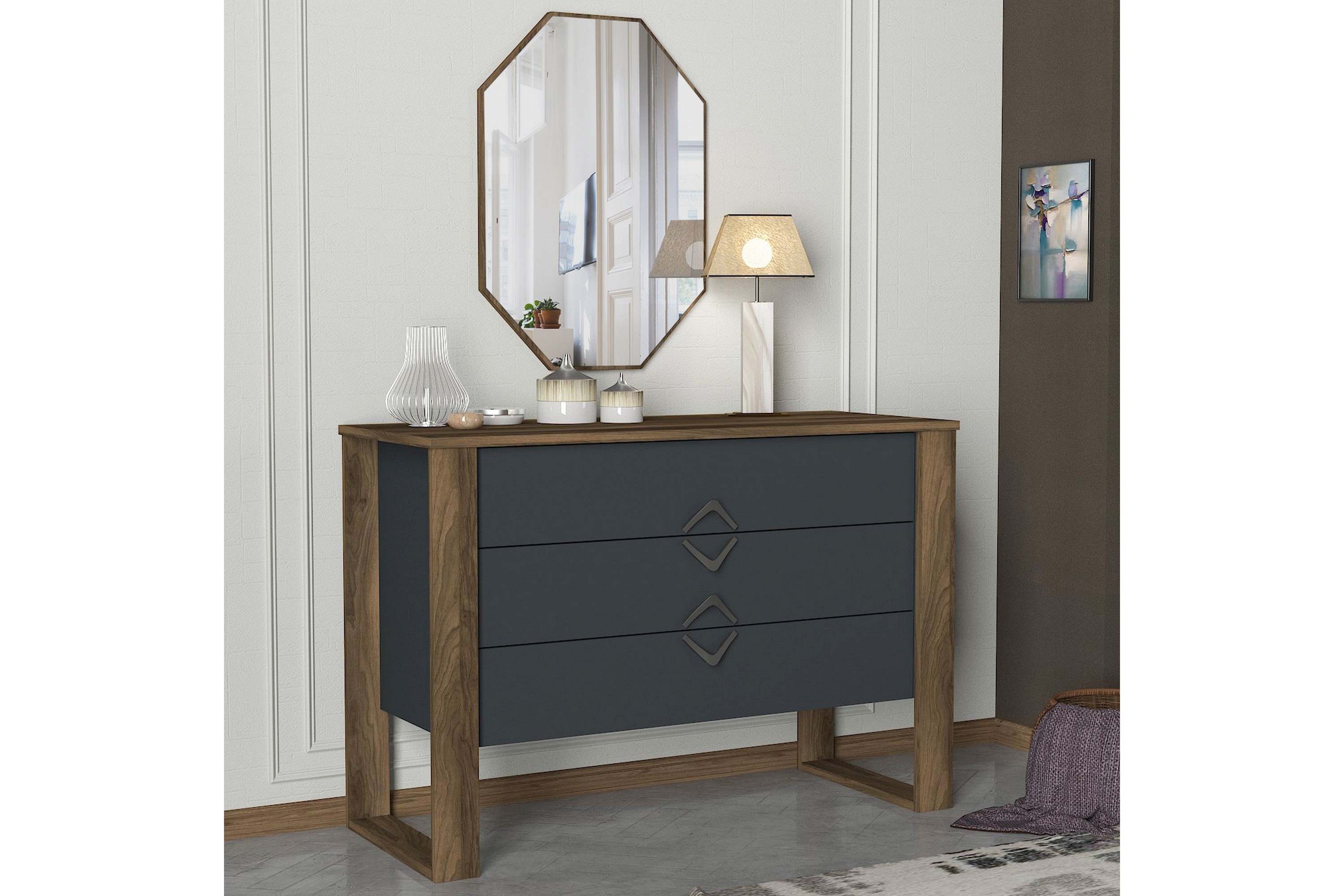 Tera Home Byrå + Spegel Valnöt/Mörkgrå - Förvaring - Trademax