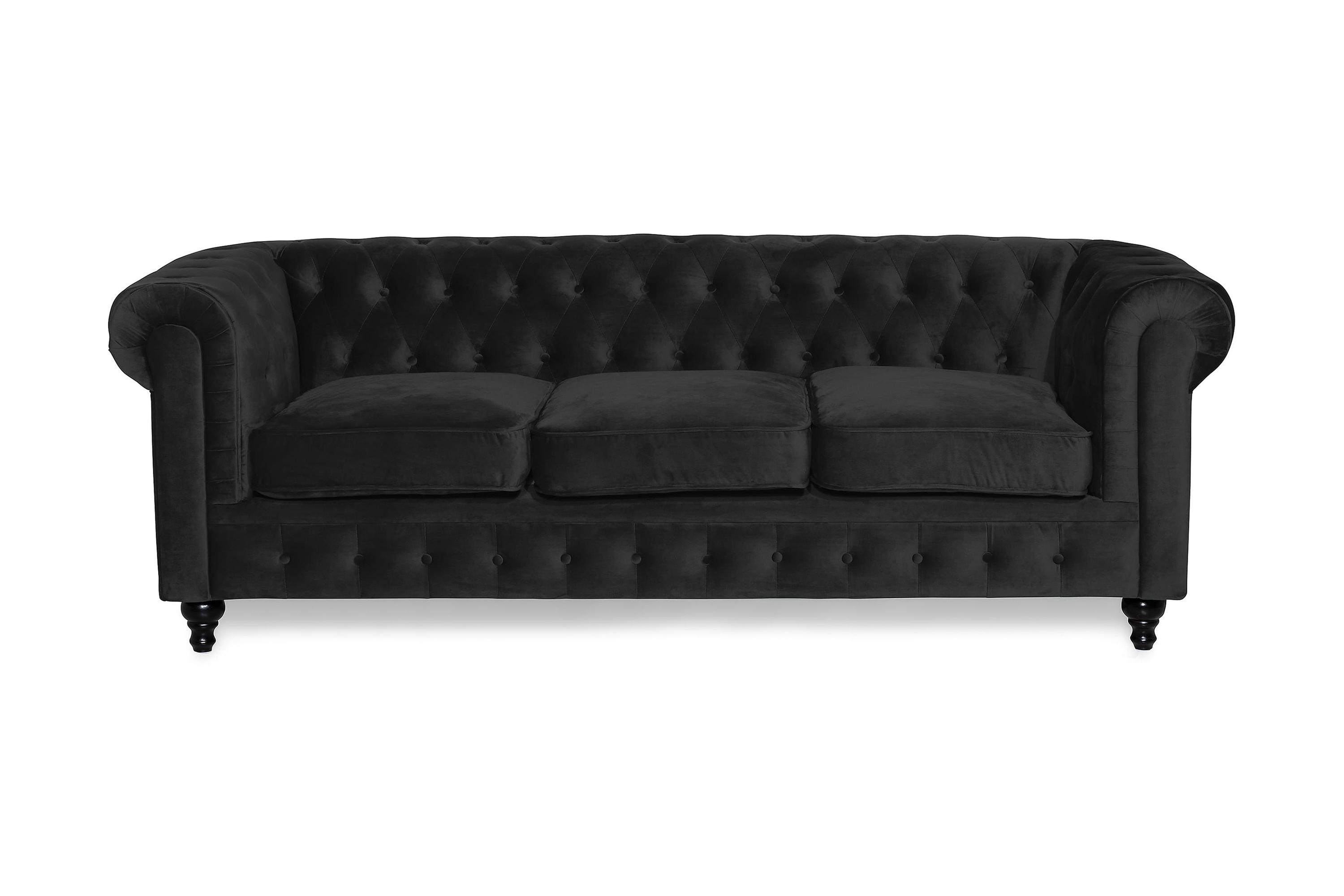 Manor House Chesterfield Lyx 3-sits Sammetssoffa - Djup soffa Svart ...