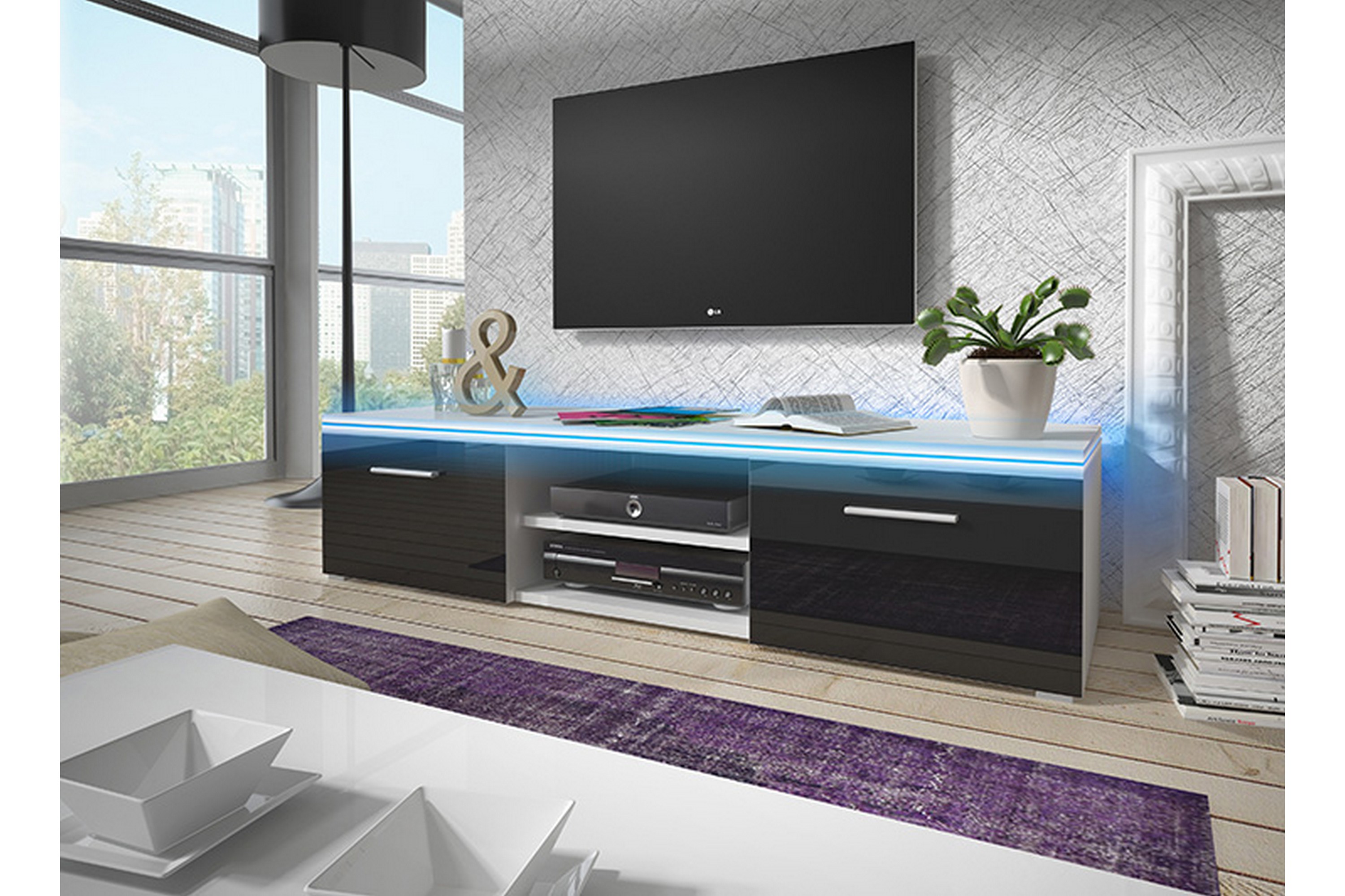 Mira TV-bænk 150 cm 2 Låger + 2 Hylder + LED-belysning Sort - Møbler ...