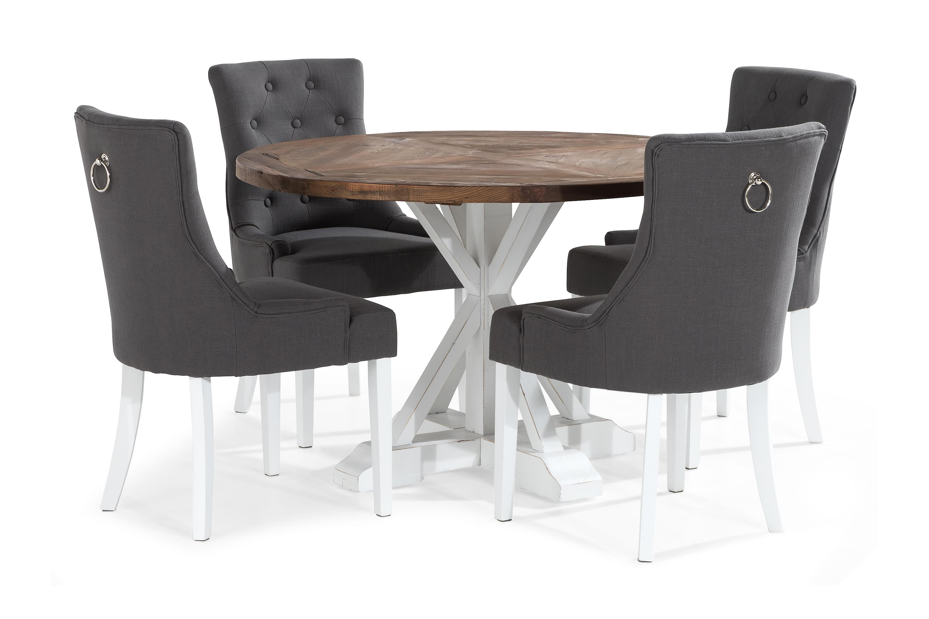 LIRE Matgrupp Rund + 4 VIKTORIA Stol Trä/Vit/Grå - Möbler - Furniturebox