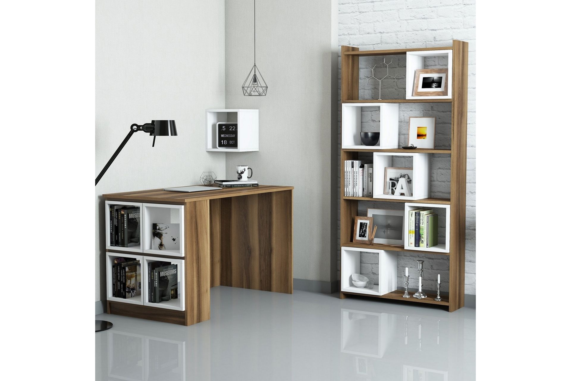 VARRED Skrivbord 120 cm Hylla+Vägghylla+Bokhylla Brun/Vit - Möbler ...