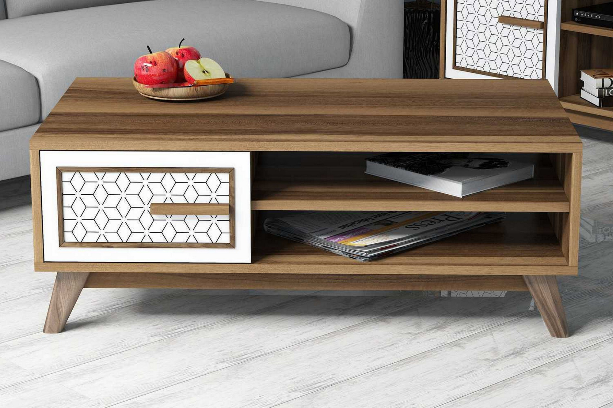 Hovdane Sofabord 105 cm m Opbevaring 2 Hylder+Skab Diamantmø Brun/Cremehvid - Møbler | Trademax