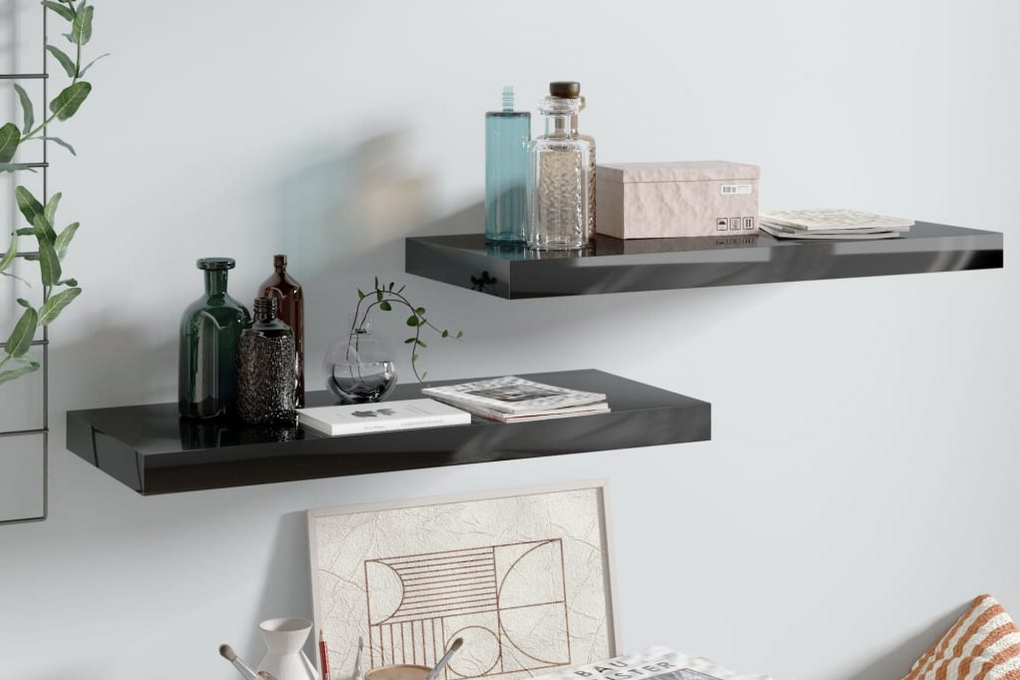 Be Basic Flytende vegghyller 2 stk høyglans svart 60x23,5x3,8 cm MDF ...