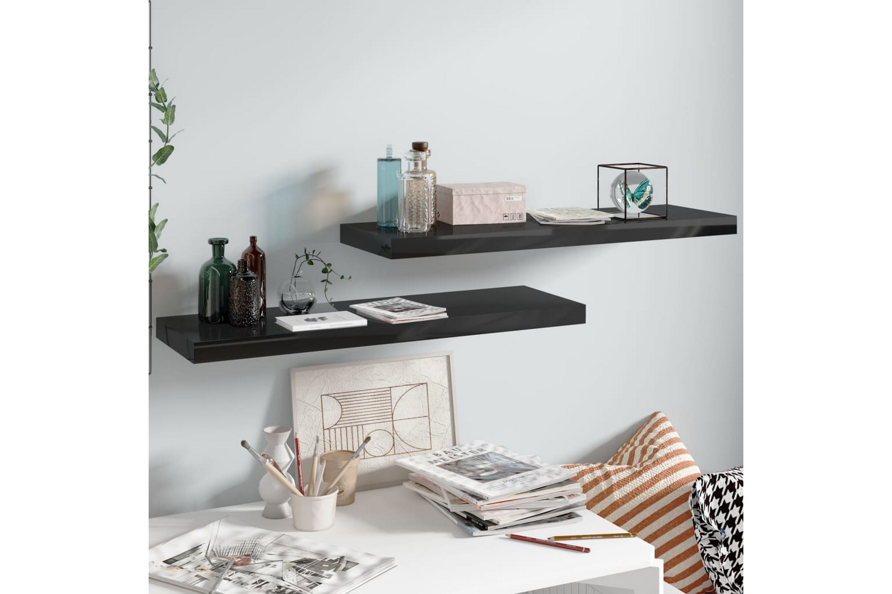Be Basic Flytende vegghyller 2 stk høyglans svart 80x23,5x3,8 cm MDF ...