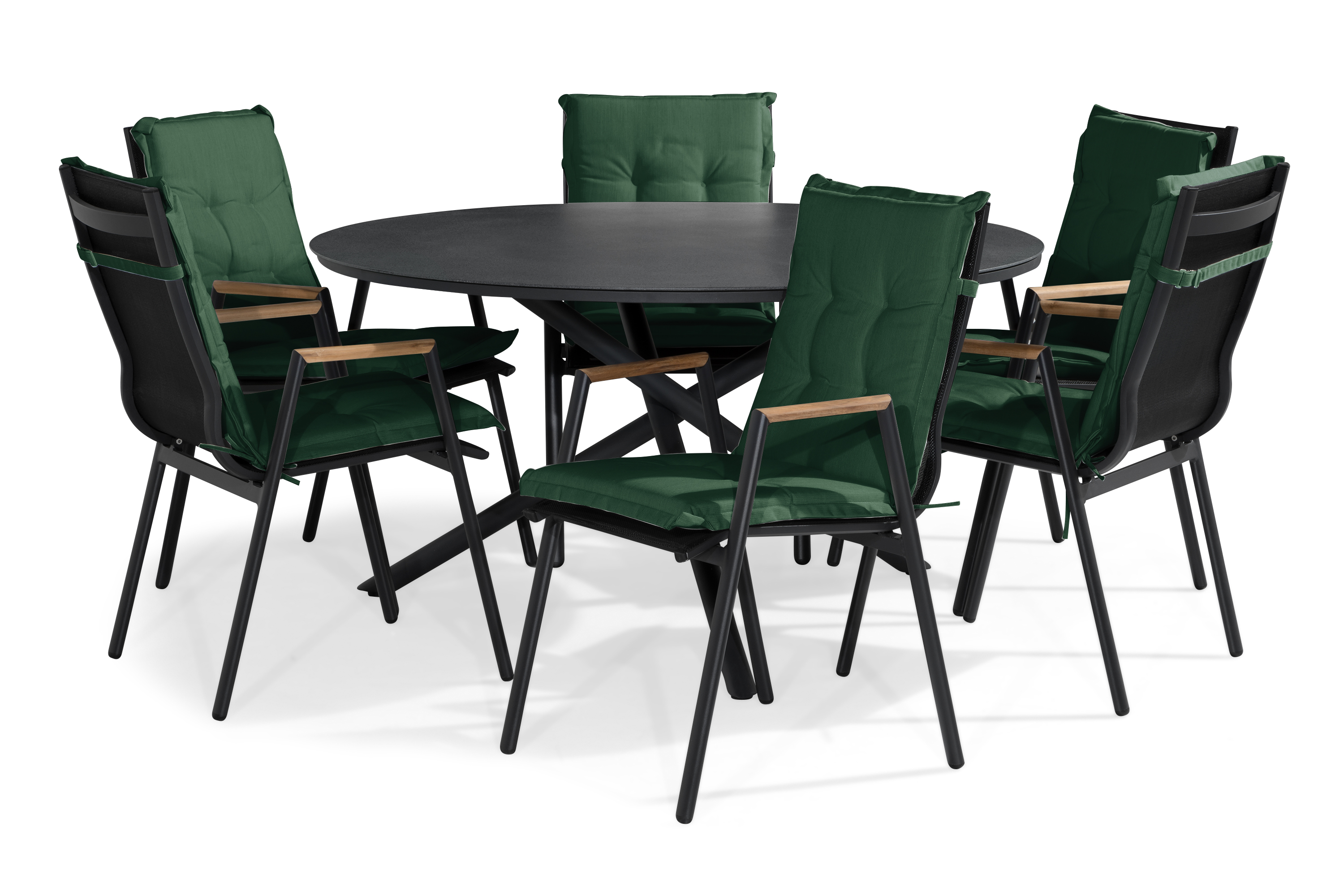 ALEX Bord 140 Runt Grå + 6 LAS VEGAS Stol Teak m Dyna Grön - Utemöbler ...