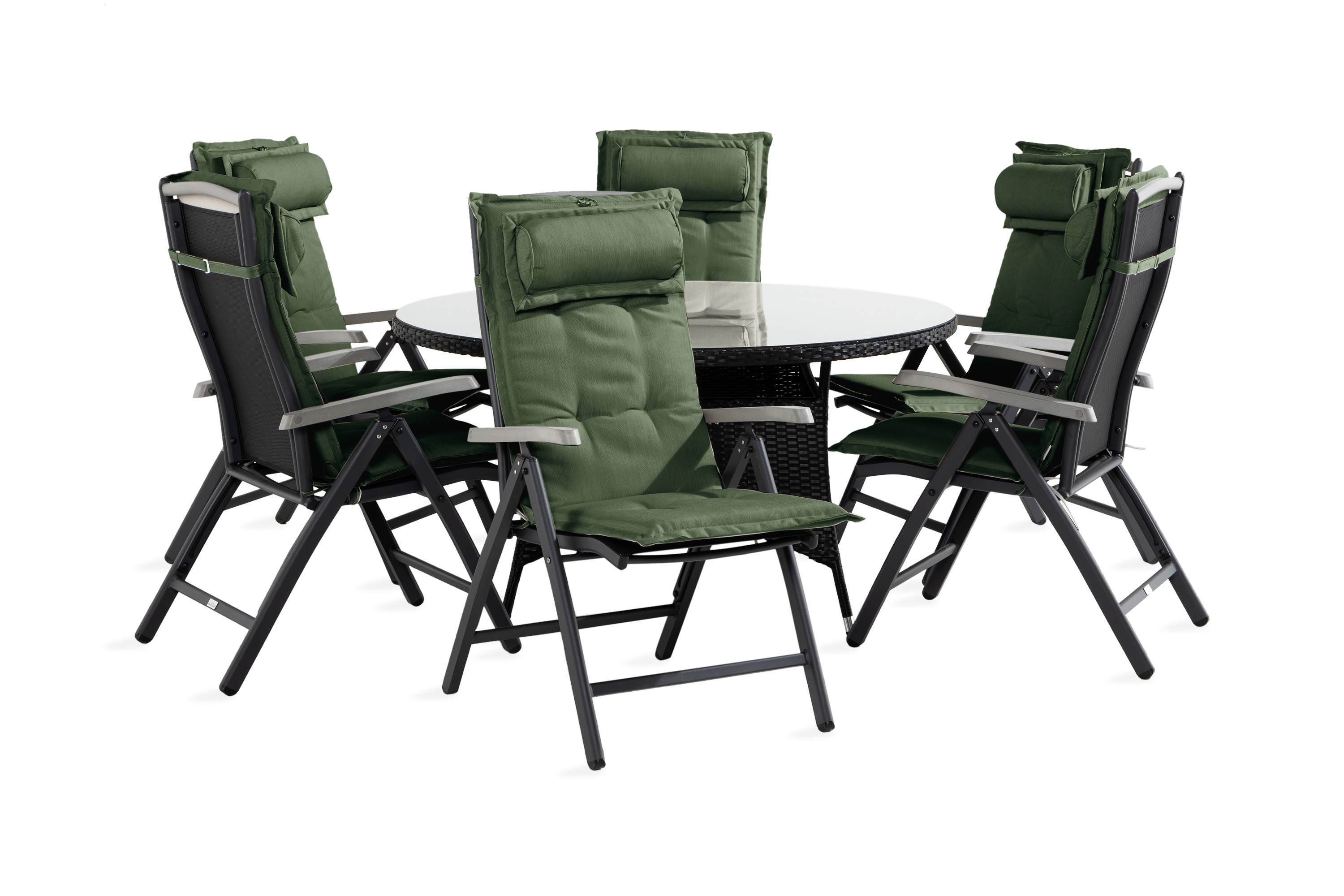 THOR Bord 140 Runt Svart+6 MONACO Stol Svart/Grå m Dyna Grön ...